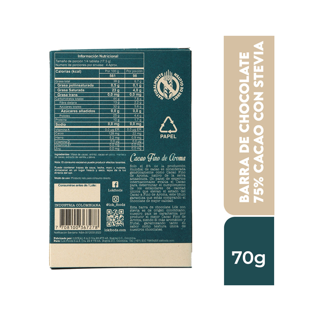 Barra de chocolate 75% cacao con Stevia 70g– LÖK Foods